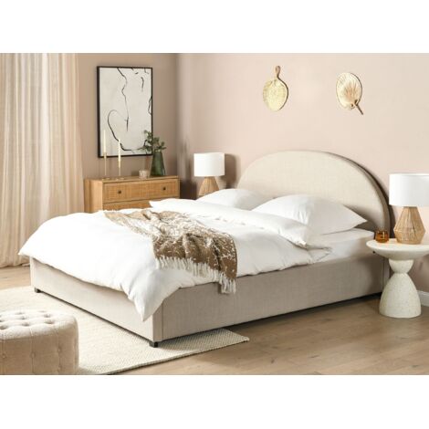Lit Double avec Coffre en Tissu Beige 180 x 200 cm Tête de Lit Ronde ...