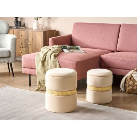 Poufs Coffre en Velours Beige Rangement Salon Assise Supplémentaire Lot ...