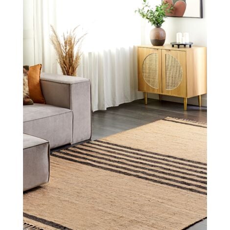 Tapis en Jute Tressé Naturel Beige 200 x 300 cm Motif à Rayures Style Boho Ericek