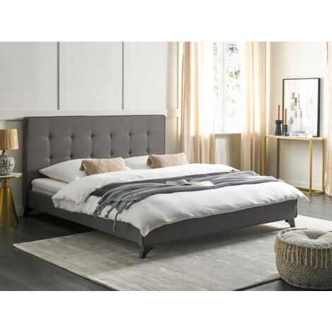 Lit Double Moderne en Tissu 180 x 200 cm Deux Places Tête de Lit Gris ...