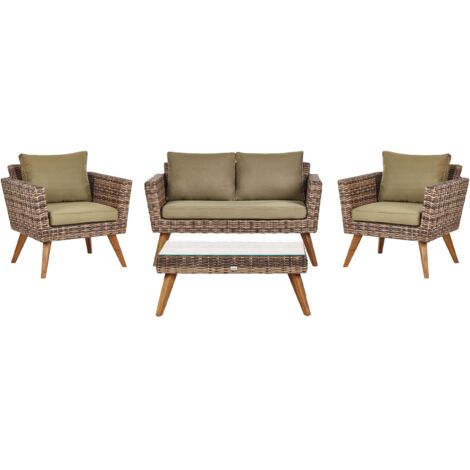 Ensemble Salon de Jardin en Rotin Synthétique et Coussins Vert Olive ...