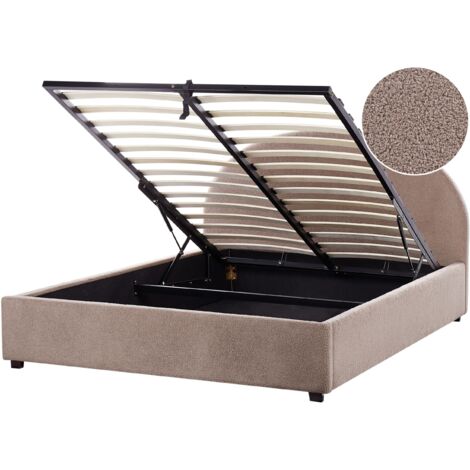 Lit Double avec Coffre 160 x 200 cm Tête de Lit Ronde en Bouclé Taupe ...