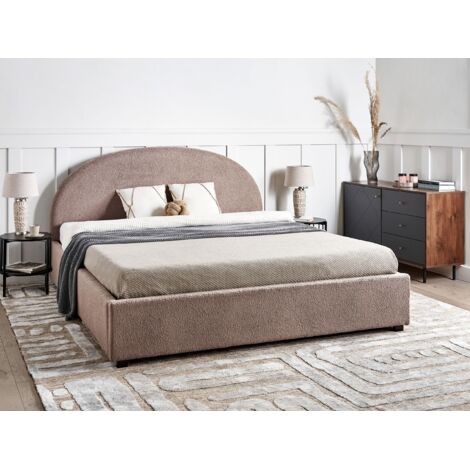 Lit Double avec Coffre 180 x 200 cm Tête de Lit Ronde en Bouclé Taupe ...