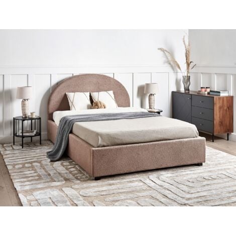 Lit Double avec Coffre 140 x 200 cm Tête de Lit Ronde en Bouclé Taupe ...