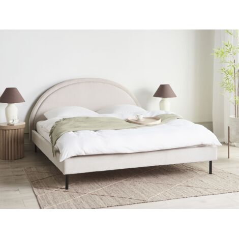 Lit Double à Tête de Lit Ronde Glamour 180 x 200 cm Tissu Bouclé Beige ...