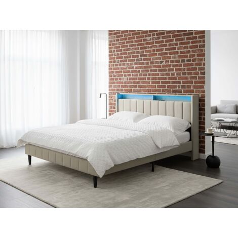Lit Moderne en Tissu 160 x 200 cm avec Tête de Lit de Rangement ...