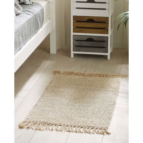 Tapis Rectangulaire en Jute et Coton A Rayures Beiges et Blanches et Franges pour Chambre et ...