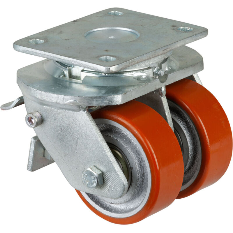 Doppel-Lenkrolle m.Feststeller D.100mm Trgf.590kg Guss-PUR-Rad Platte ...