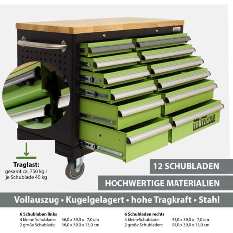 Werkstattwagen DELUXE 12 Schubladen, 123 cm Breite, massiver Arbeitsplatte 4 gefüllte Einlagen
