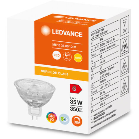 Ampoule Spot LED Ledvance/Osram GU5.3 5W 350Lm 2700K 36º IP20 Dimmable