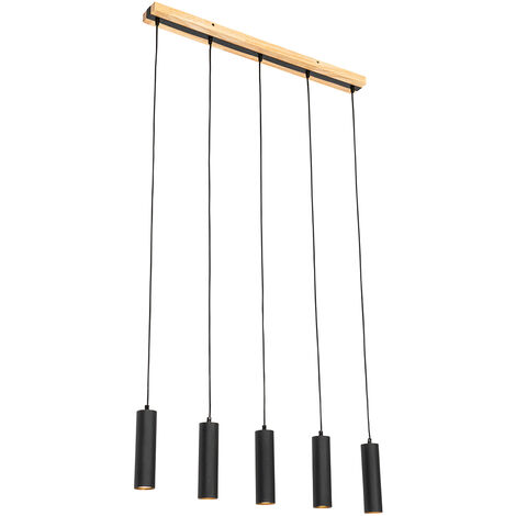 QAZQA Moderno Lámpara colgante moderna negra con madera 5-luces - Jeana ...