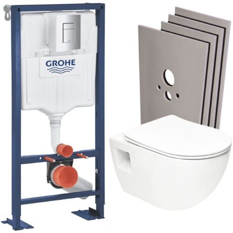 Grohe SOLIDO Pack Bâti-support + WC sans bride SAT + Abattant SoftClose + Plaque chrome+ Set d ...