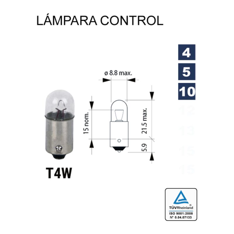 Bombilla lampara t4w 12v 4w t4w ba9s (pack 10 unidades) coche-moto