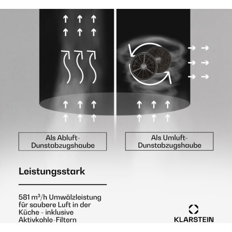 Klarstein Insel-Abzugshaube, Umluft-Dunstabzug mit 544m³/h Luftstrom ...