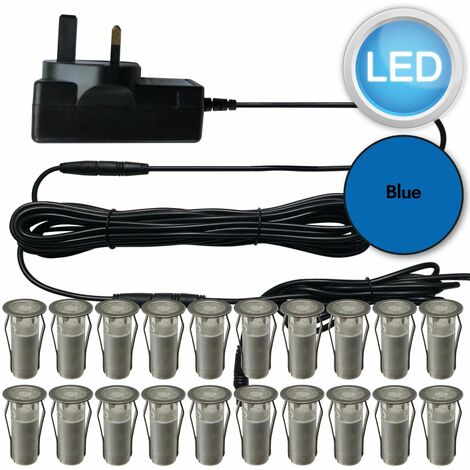 Set of 20 - 15mm Stainless Steel IP67 Blue LED Plinth Decking Kit