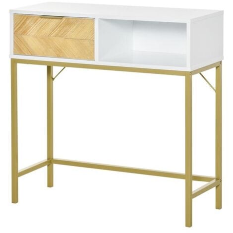 TAVOLINO CONSOLLE DESIGN MODERNO CON CASSETTO IN LEGNO BIANCO E ORO