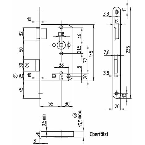 SAG Einstemmschloss 1 207000 BB,DM 55,Stulp 235x20x3mm,rechts, silber ...