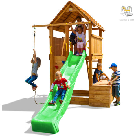 Fungoo Spielturm "Fortress Toybox", teak, mit Rutsche, Toybox, Holzdach, Leiter, Steuerrad ...
