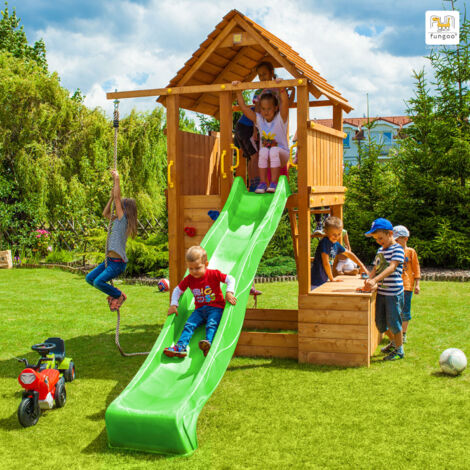Fungoo Spielturm "Fortress Toybox", teak, mit Rutsche, Toybox, Holzdach, Leiter, Steuerrad ...