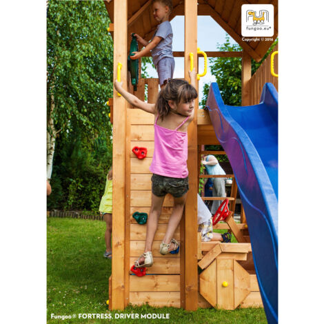 Fungoo Spielturm "Fortress Toybox", teak, mit Rutsche, Toybox, Holzdach, Leiter, Steuerrad ...