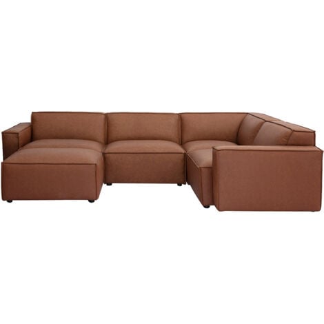 Canapé d'angle modulable vintage 5 places et pouf en cuir marron SPLIT