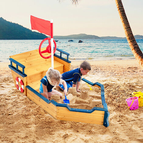 Kids Wooden Sandbox Pirate Ship Play Boat w/ Flag Rudder Lifebuoy ...