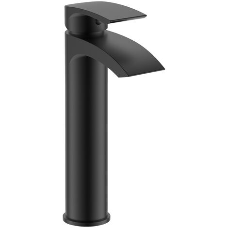 Vago Modern Matte Black High Rise Tall Basin Mixer Tap & Waste