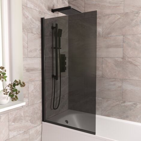 800mm Square Bath Screen Black Profile Tinted Black Glass Reversible Kai