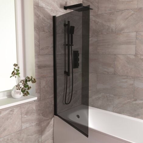 800mm Square Bath Screen Black Profile Tinted Black Glass Reversible Kai