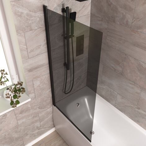 800mm Square Bath Screen Black Profile Tinted Black Glass Reversible Kai