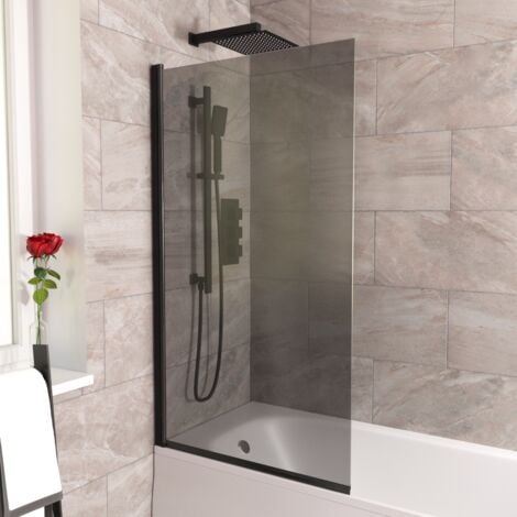 800mm Square Bath Screen Matt Black Profile Grey Tinted Glass Reversible Sky