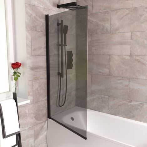 800mm Square Bath Screen Matt Black Profile Grey Tinted Glass Reversible Sky