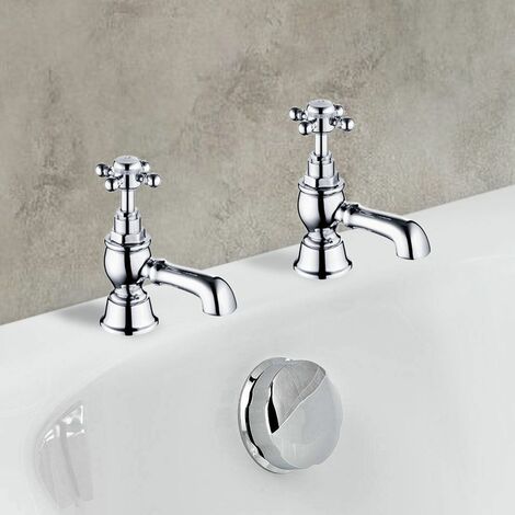 Edwardian Traditional Cross Head Twin Bath Chrome Taps Hot & Cold Brass