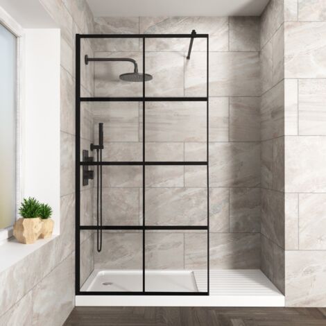 Stanley 700mm Black Grid Framed Walk-In Shower Enclosure with Support Bar