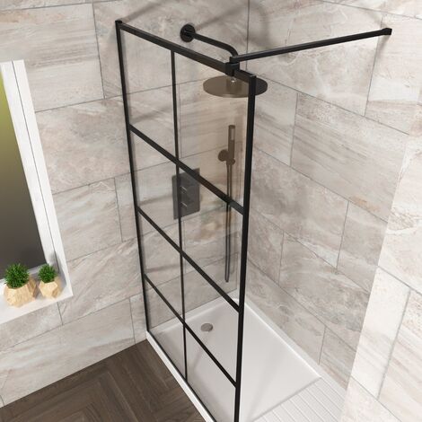 Stanley 700mm Black Grid Framed Walk-In Shower Enclosure with Support Bar
