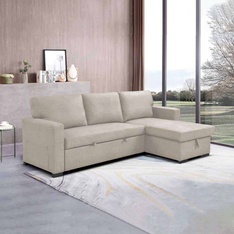 Canapé d'angle réversible et convertible en tissu beige - COZY