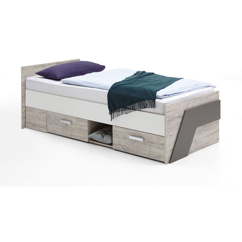 Lit simple 90x200 cm avec rangement chêne grisé et taupe - KAPRA