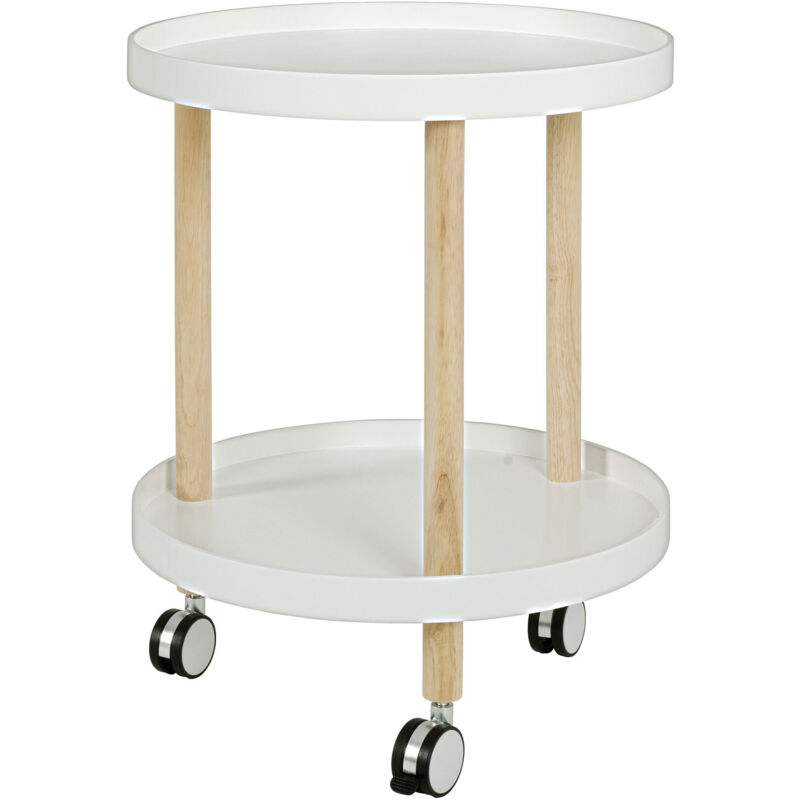 Table d'appoint ronde à roulettes 50x60 cm blanc et naturel