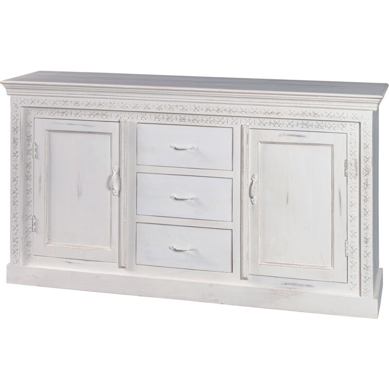 Buffet 2 portes 3 tiroirs 160x40x90 cm en manguier blanc - CALGARY