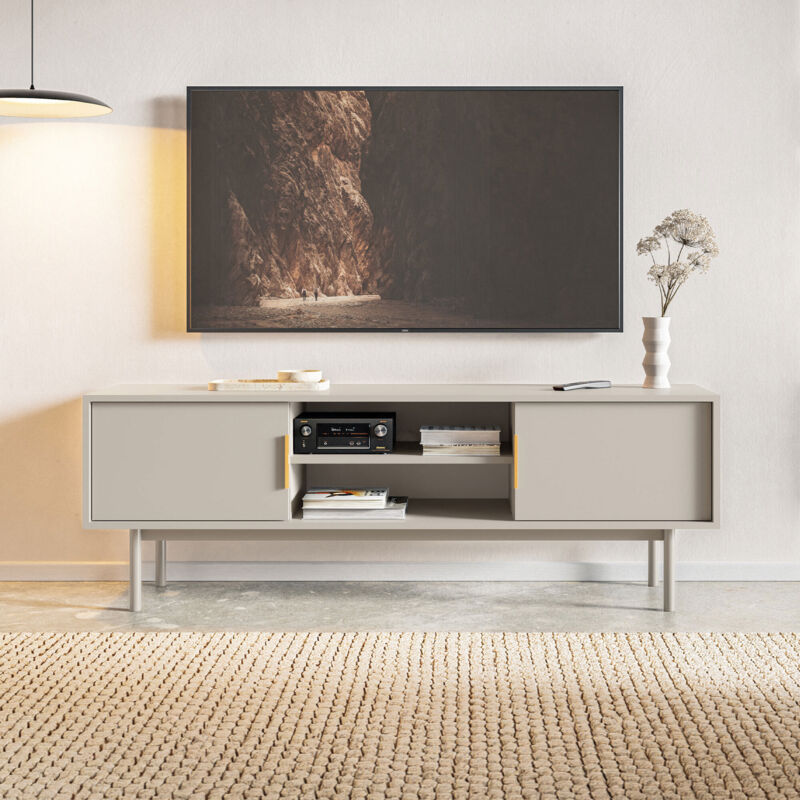 Meuble TV 2 portes 2 niches 154x39x53,5 cm décor crème - OZZY