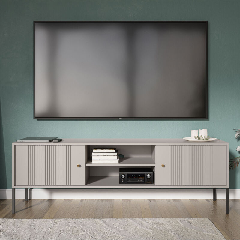 Meuble TV 2 portes 2 niches 154,5x39x50,5 cm crème et noir - LISA