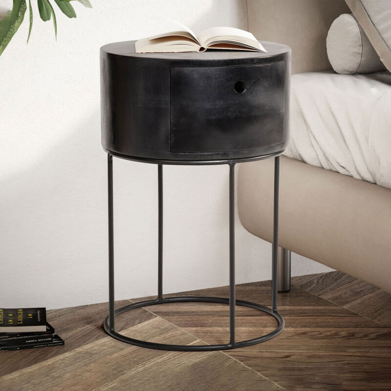 Chevet rond 1 tiroir 40x60 cm en manguier massif et métal noir