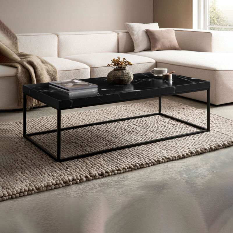 Table basse rectangle 120x60x38 cm effet marbre noir et métal - EKLEA