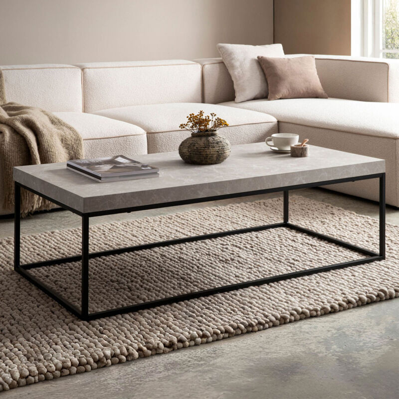 Table basse rectangle 120x60x38 cm effet travertin et métal - EKLEA