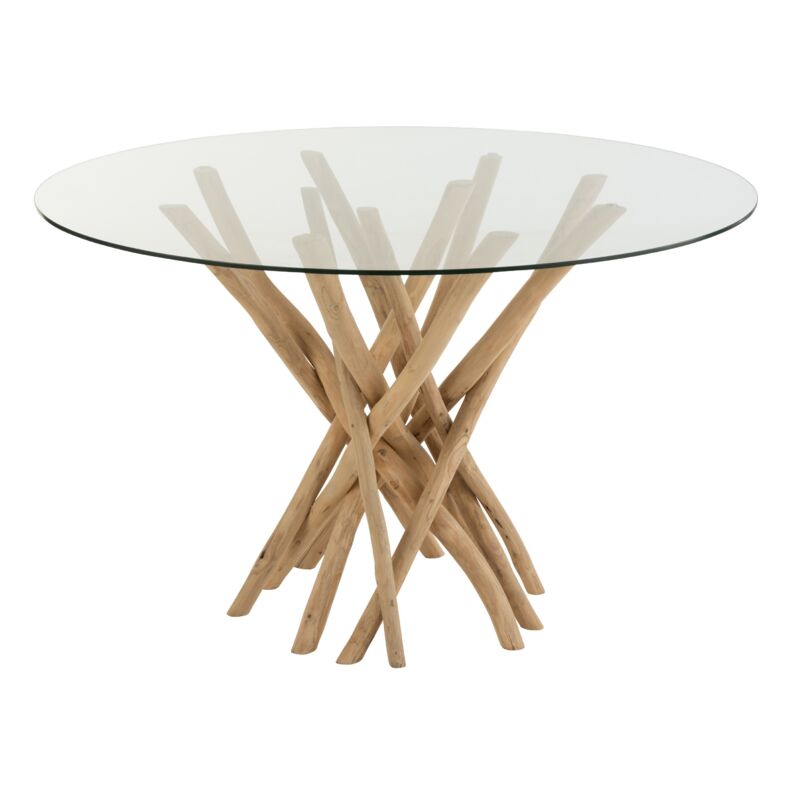 Table ronde 120x75 cm en verre et pied branches en teck