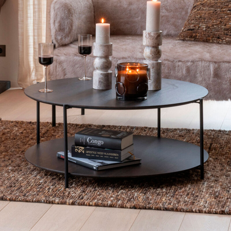Table basse ronde 2 niveaux 113x38 cm marron foncé et noir - HIERE