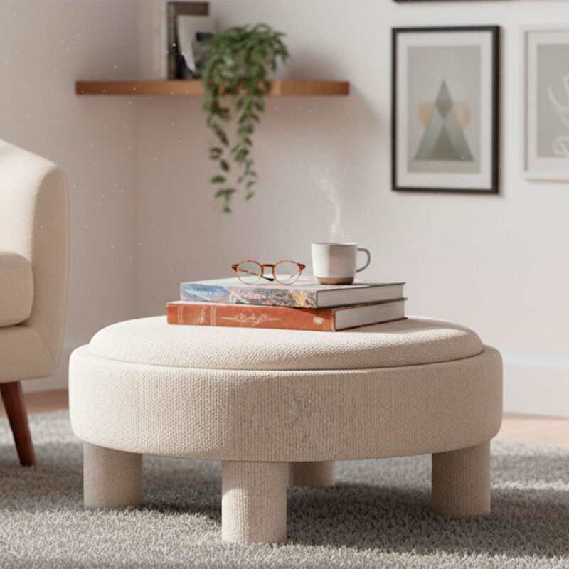 Pouf rond avec plateau 80x34 cm en tissu blanc - KANYA