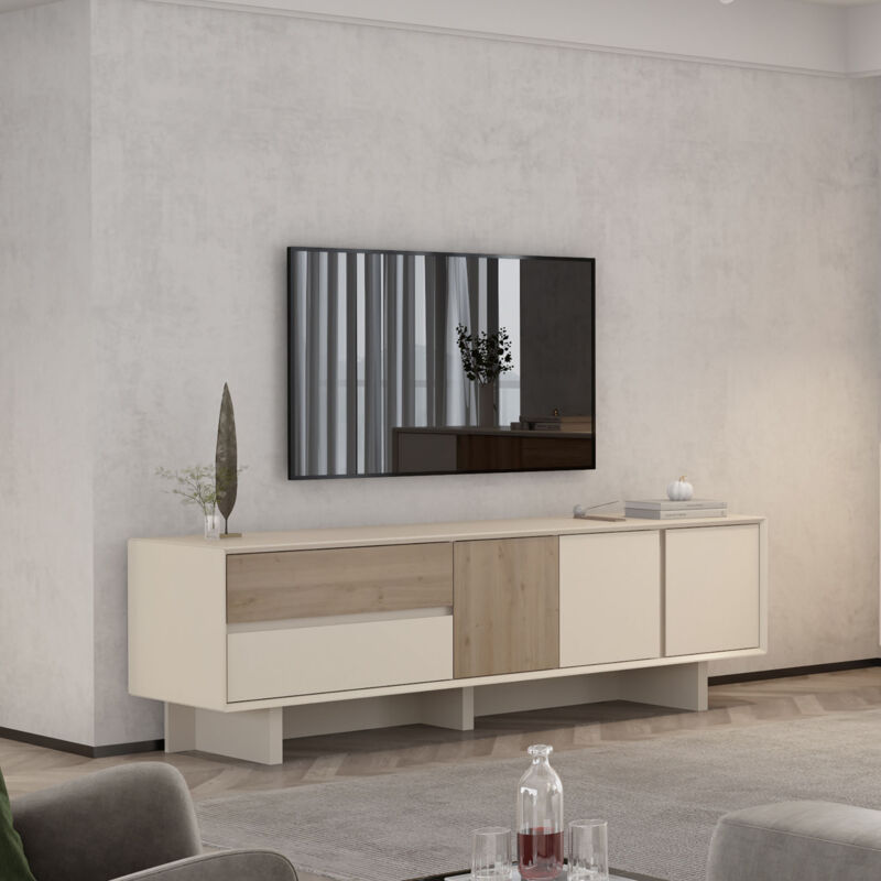 Meuble TV 3 portes 2 tiroirs 180x45x55 cm effet chêne et crème - FHURI