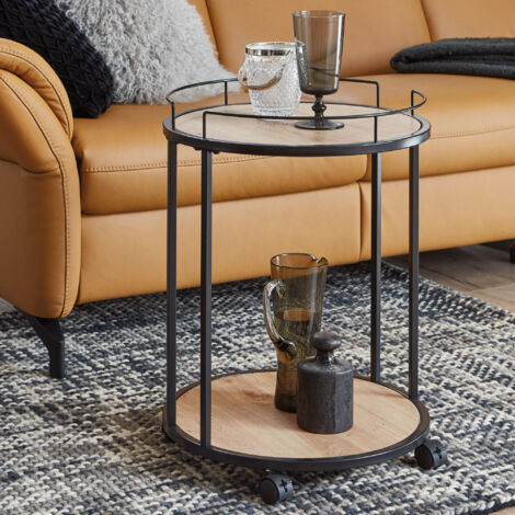 Table d'appoint ronde avec roulettes 45x45x60 cm chêne et noir