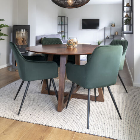 Ensemble table ronde 137 cm noyer et 6 fauteuils vert - NYLA